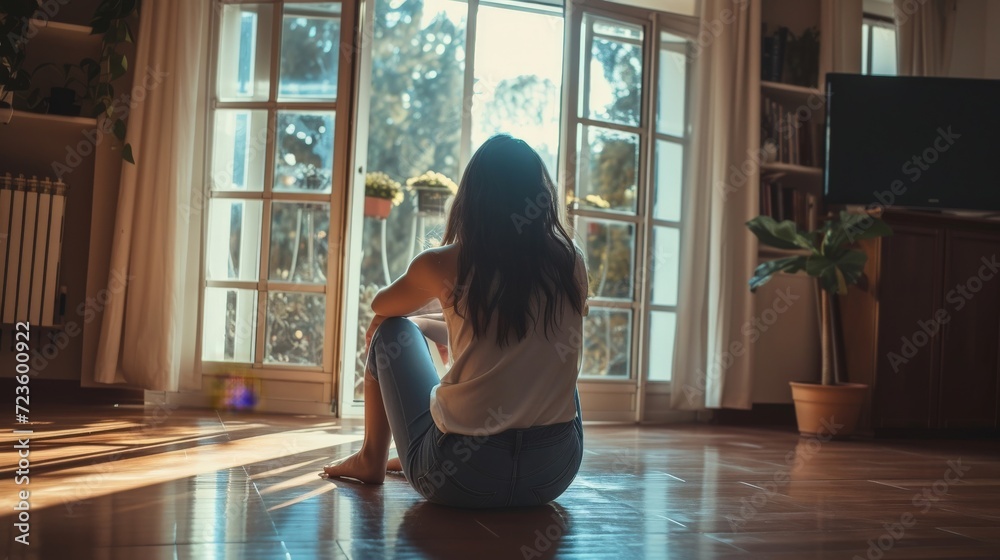 Sad and depressed young woman sitting on the floor in the living room ...