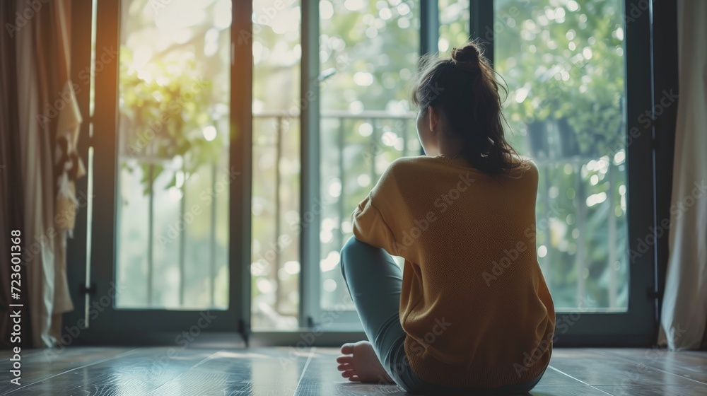 Sad and depressed young woman sitting on the floor in the living room ...