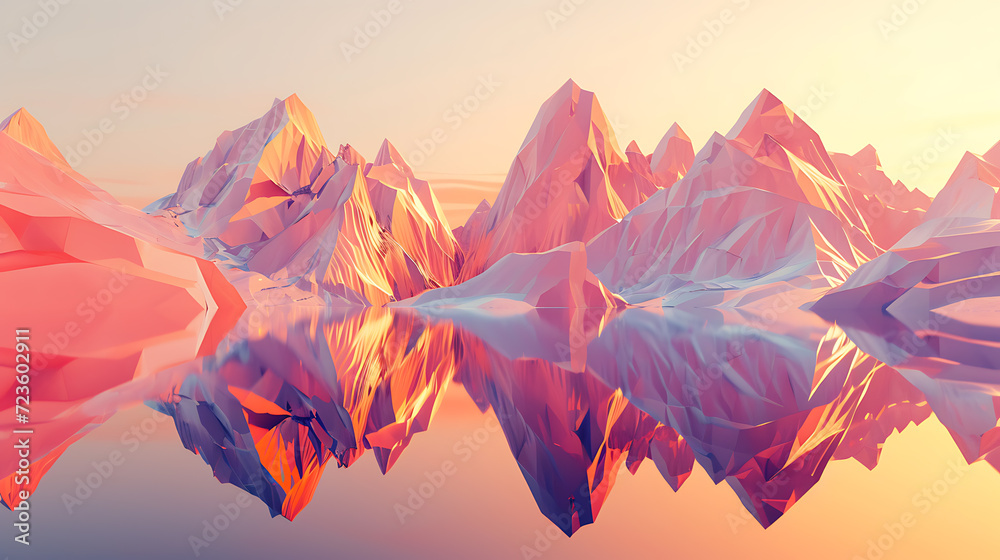 A mesmerizing abstract 3D rendered landscape featuring a reflective ...
