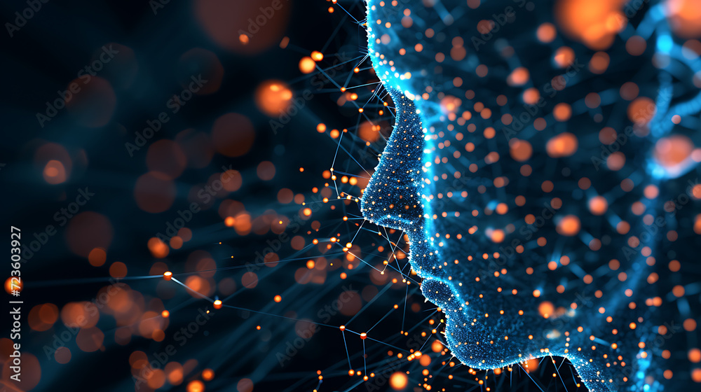 Futuristic 3D visualization of a digital mind seamlessly merging with a ...