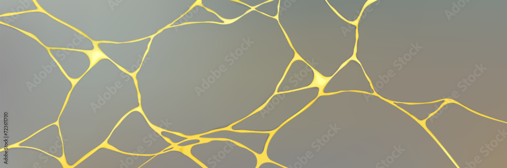 Gold kintsugi crack pattern on gray background. Realistic vector ...