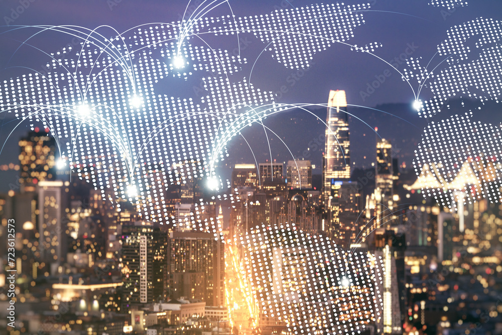 Double exposure of abstract digital world map hologram with connections ...