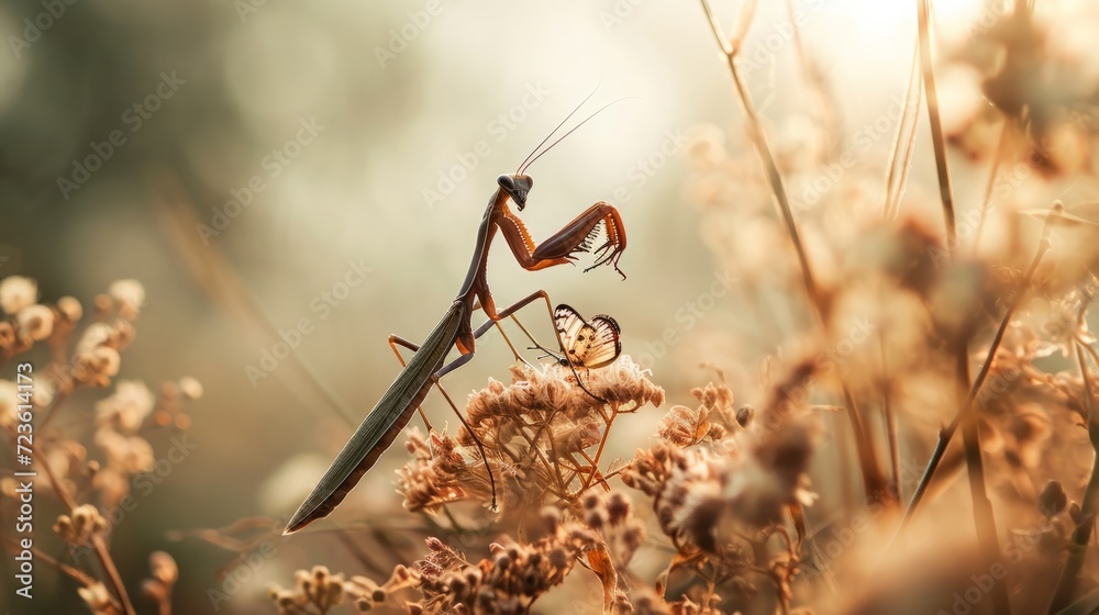 Graceful Praying Mantis Displaying Affection Towards a Butterfly Amidst ...