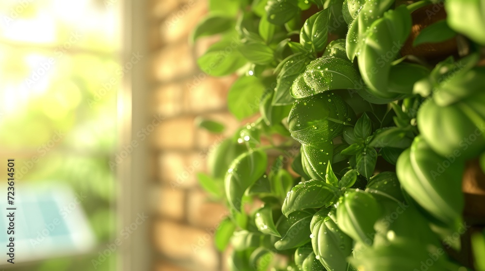 Basil plant in eco garden on sunny wall, morning dew fresh. Green basil ...