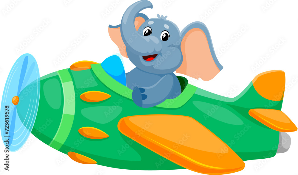 Cartoon elephant pilot on airplane, funny animal aviator in plane ...