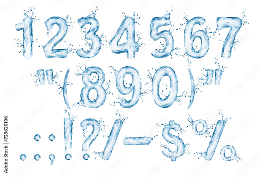 Liquid water numbers with splash bubbles, transparent type font, aqua ...