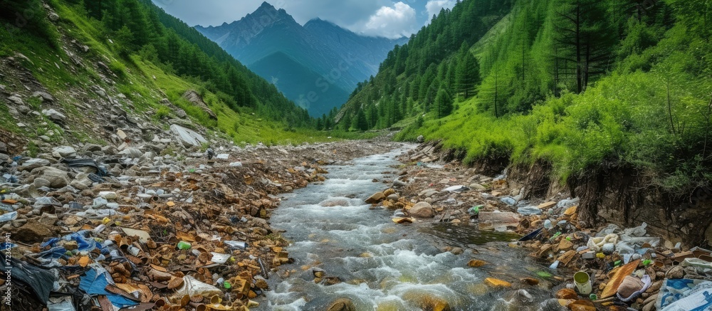 Dirty river emerges from waste site in the mountains, polluting a green ...