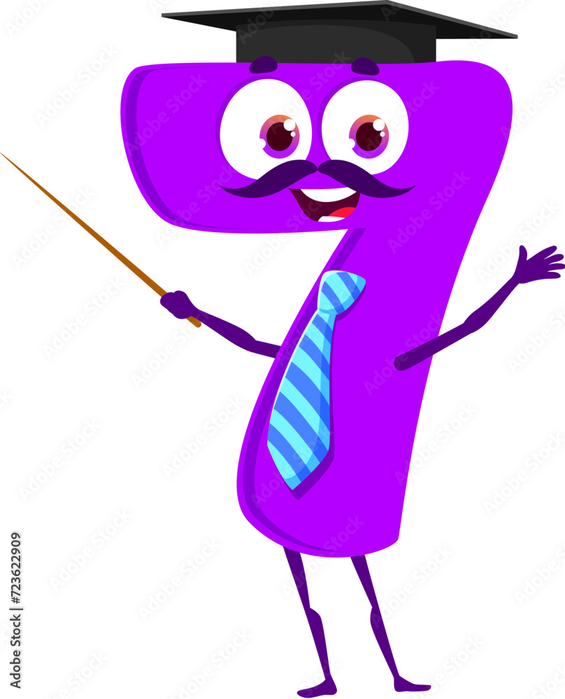 Cartoon funny math number seven character in professor or teacher ...