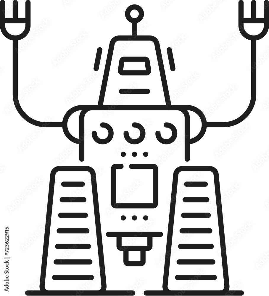 Vintage robot with tracks line and outline icon. Alien cyborg AI robot ...