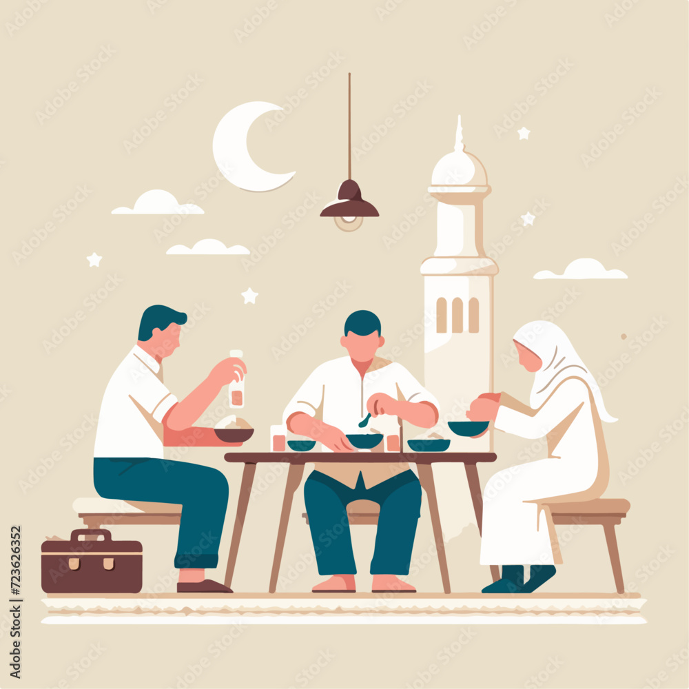 flat vector illustration of people breaking the fast. simple and ...