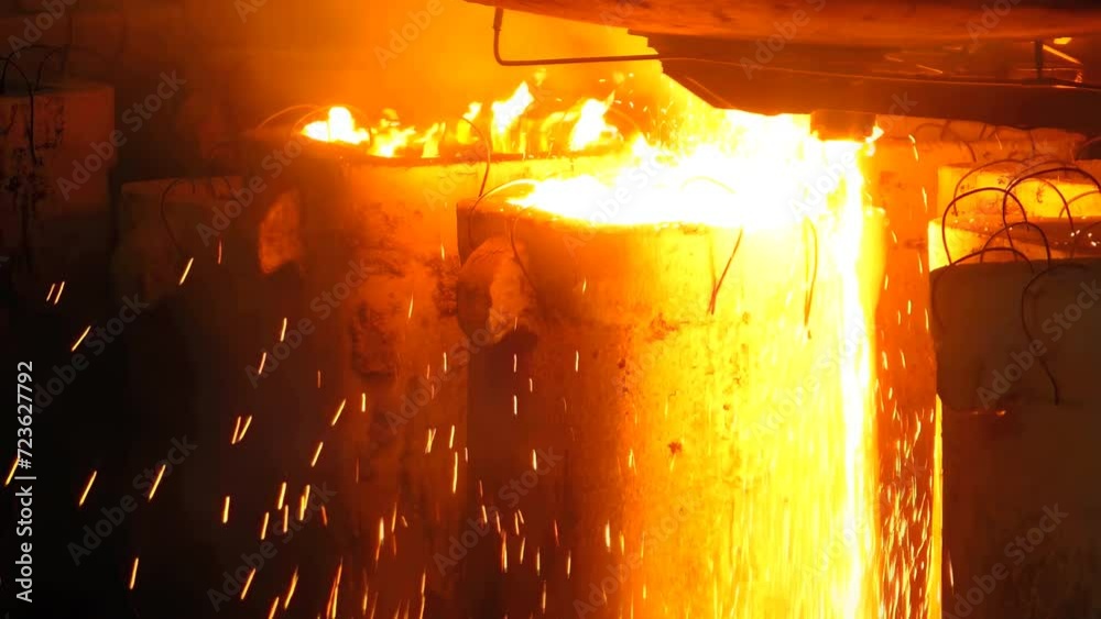 Molten metal is poured into molds. Stream Of Molten Iron In A Steel ...