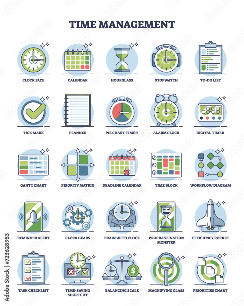 Time management and effective business planning outline icon collection ...