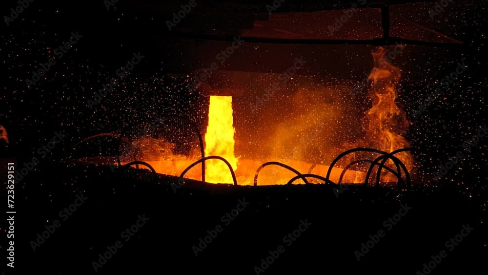 Molten metal is poured into molds. Stream Of Molten Iron In A Steel ...