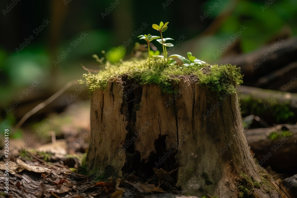 New plant sprout growing on dried tree trunk. Fresh young leafy germ ...