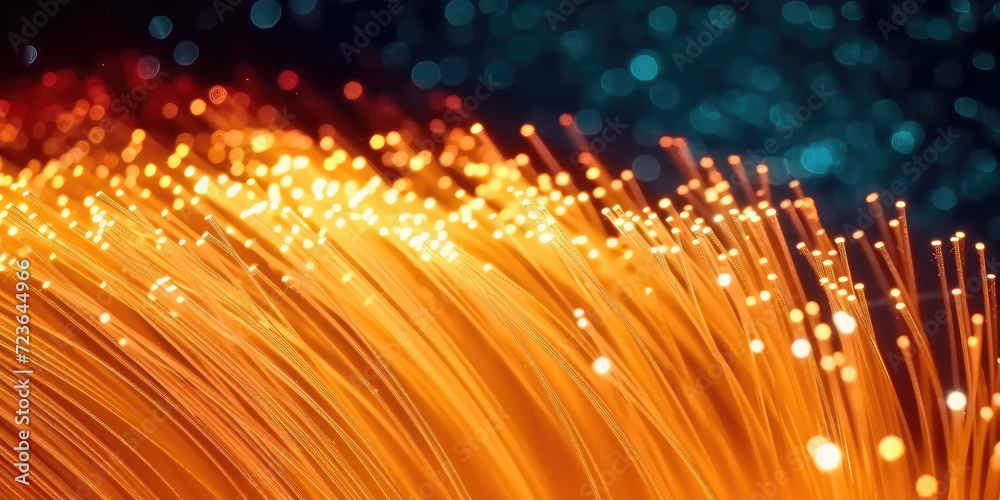 3D Rendering of abstract wire cable tunnel with digital binary data transmitting.orange Glowing ...