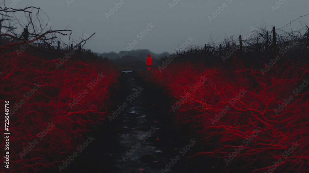 Eerie Illumination: A Mysterious Figure in a Red-Lit Pathway Amidst a ...
