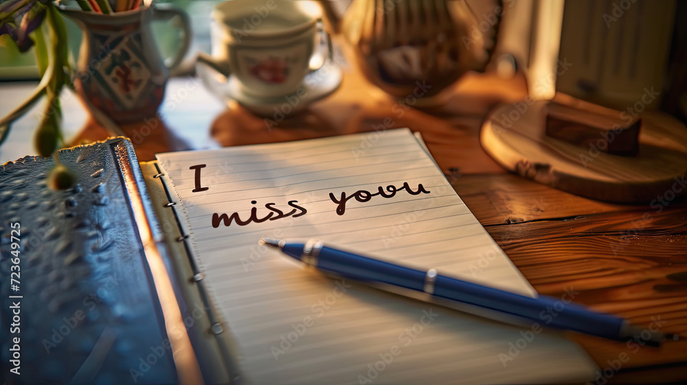 A handwritten letter I miss you written in cursive font on a sketch ...
