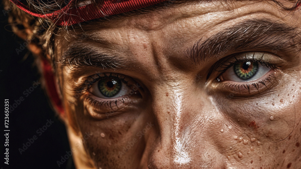 A male boxer with a fierce expression and sweat on his face. He has a ...