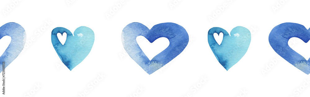 Watercolor central border template of colorful hearts of blue shades on ...