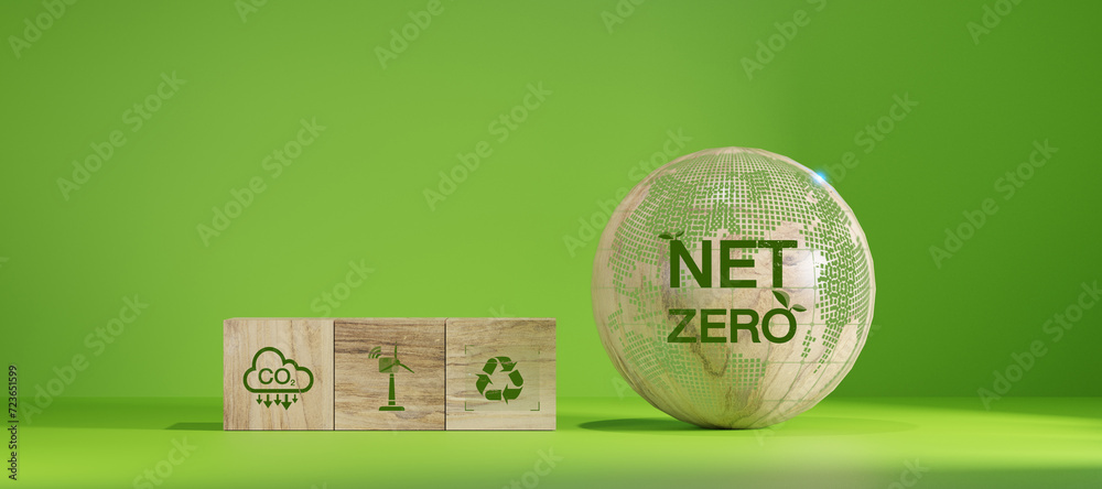 2050 year, Net zero and carbon neutral concept. CO2 reducing icon print screen on wooden and ...