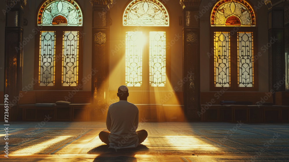 Man praying and kneeling with sunlight through glass window of a mosque ...