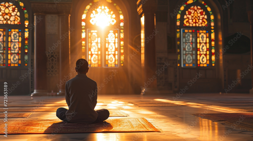 Man praying and kneeling with sunlight through glass window of a mosque ...