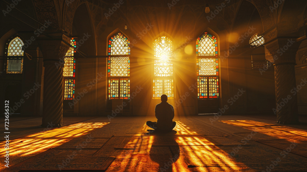 Man praying and kneeling with sunlight through glass window of a mosque ...