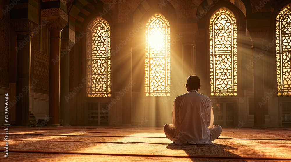 Man praying and kneeling with sunlight through glass window of a mosque ...