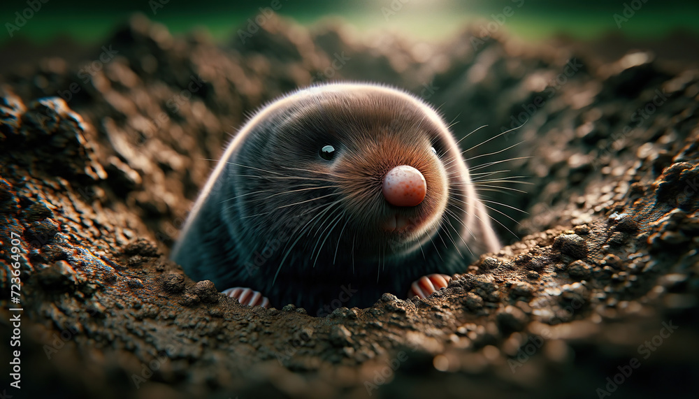 A Curious Mole with a Pink Nose Peers from Its Burrow, Surrounded by ...