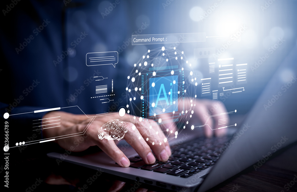 Programmer people working laptops or smartphones with AI, artificial ...