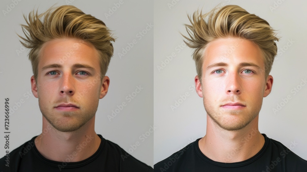 Side-by-side comparison of a man's portrait before and after retouch in ...