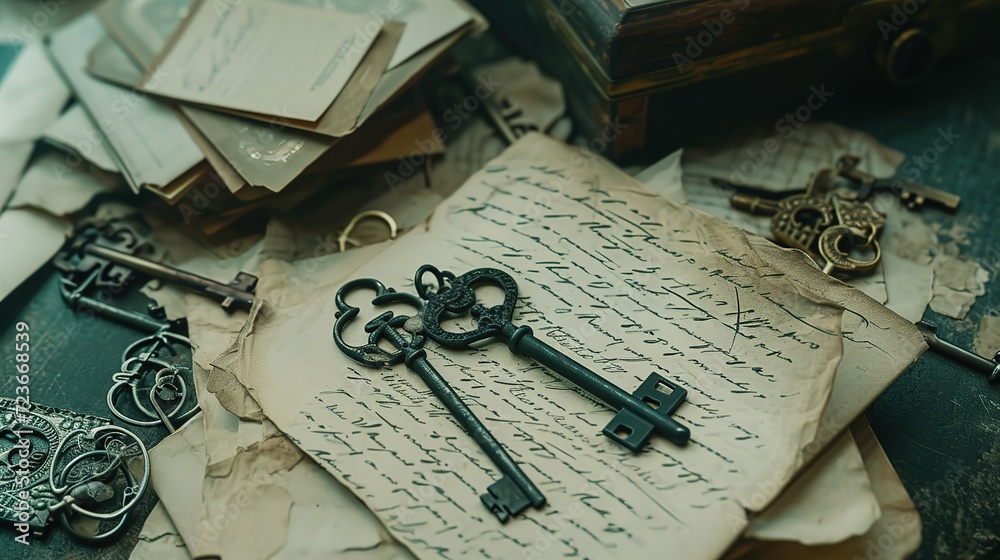 A collection of classic keys and handwritten letters spread across a ...