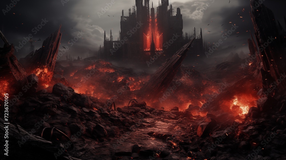 the dark medieval castle with lava from deep below. Digital concept ...