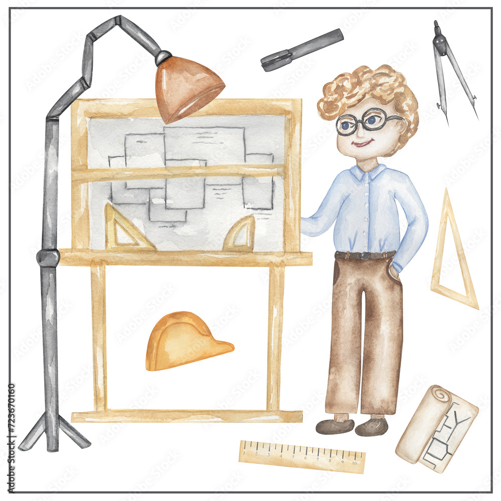 Watercolor architect designs building plan clipart, hand drawn ...