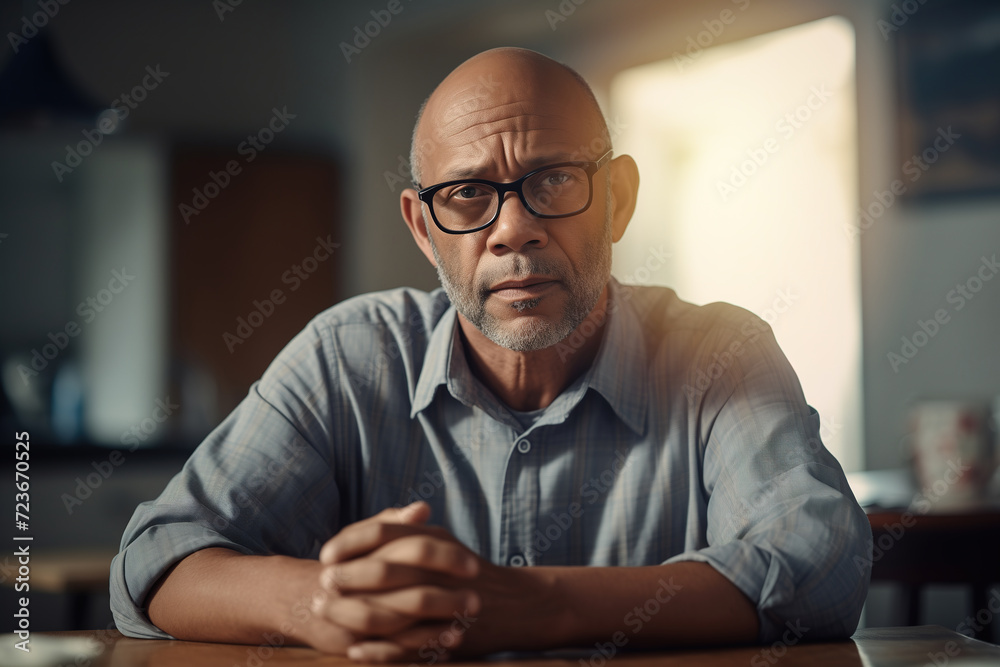 A man with a focused gaze sits at a table, his glasses resting on his ...