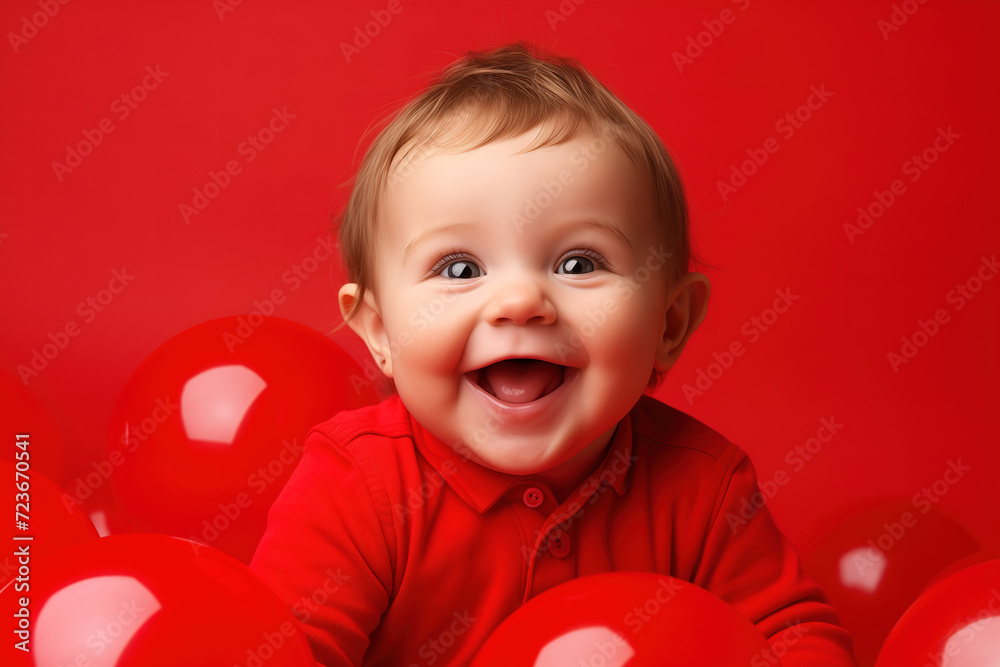 A cherubic child model radiates joy in a red shirt, his smiling face ...