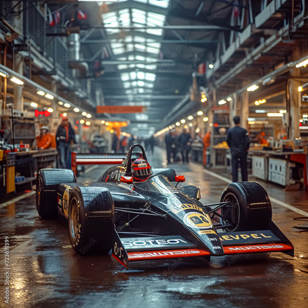 Pit stop moments of the F1 car during the race. Pit stop attendants are ...