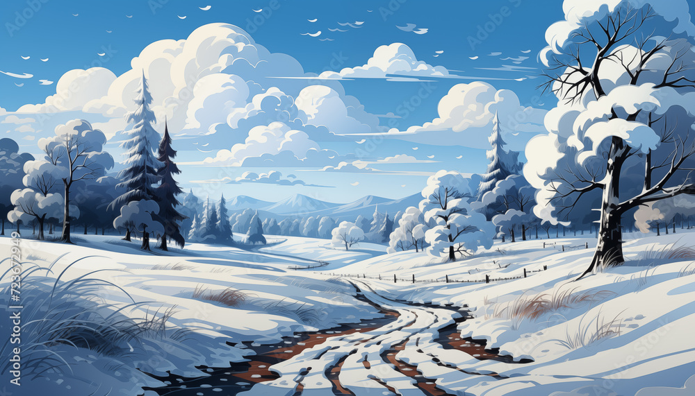 Frozen country road through snowy forest in winter with the blue sky ...