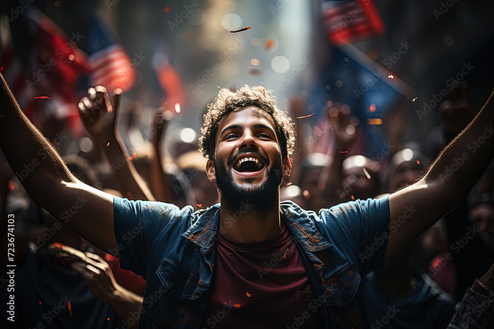 Ecstatic Man joyfully raises his hands up in the air, expressing a ...