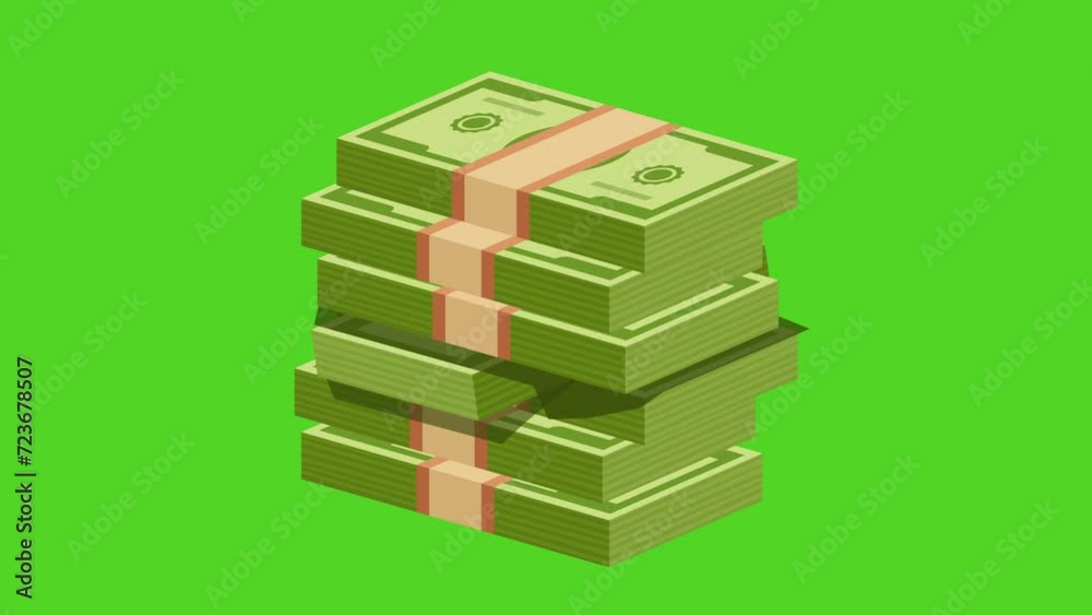 2D animation of bundle of money stacked in a large pile on green screen ...