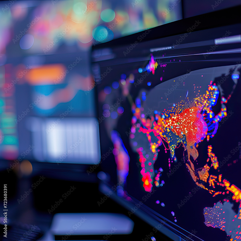 Foto de Dark heat map and geographical data visualization on computer ...