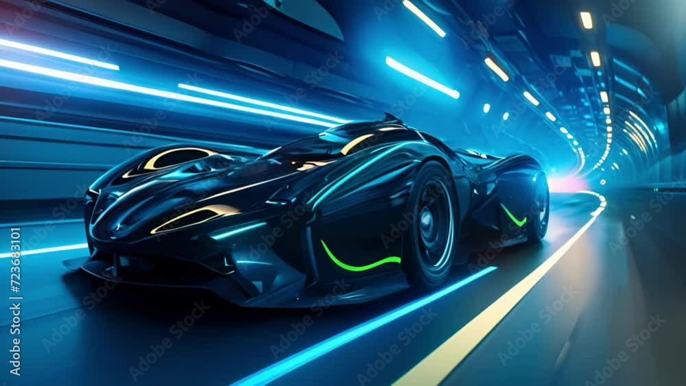 A neon blue and green electric hypercar speeding through a dark tunnel ...