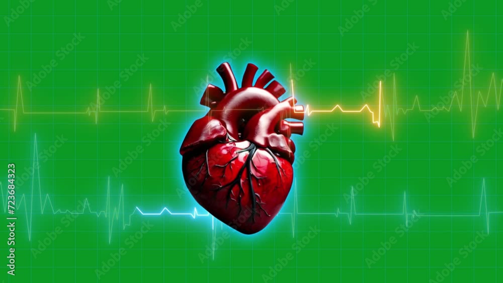 Loop Animation Of 3d Heart Beating With Neon Heart Pulse On Green ...