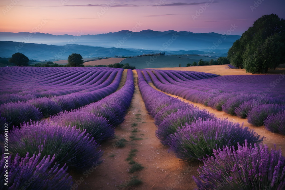 Lavender field at dusk, endless rows of purple flowers into the violet ...