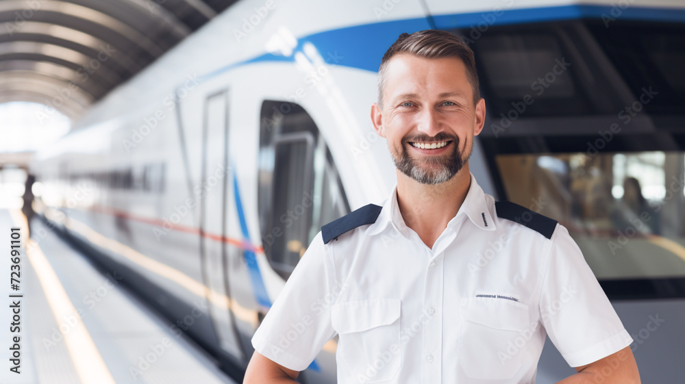 Portrait of smiling male train driver posing in front of high speed ...