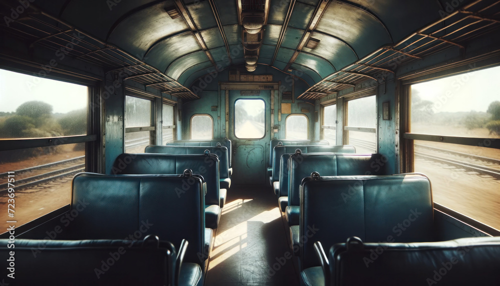 An image showcasing the interior of an old train carriage in a wide ...
