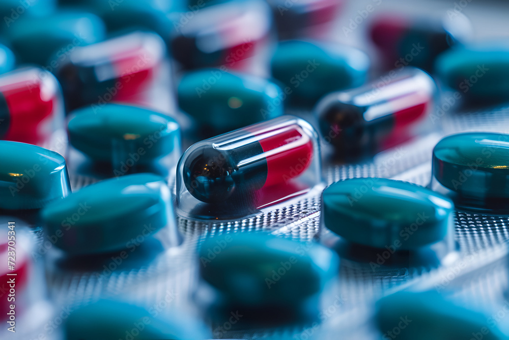Selective focus blue-green capsule pill and drug tray with red-black ...