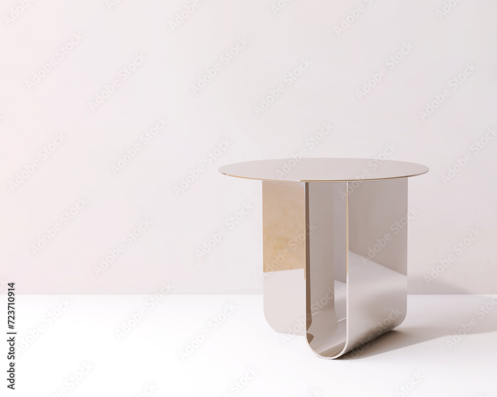 Modern design of gold chrome round podium table on white floor in ...