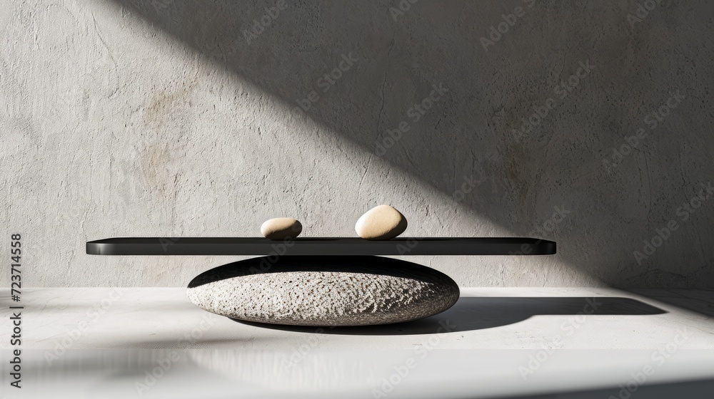Pebbles balanced on a black plank placed on a round stone. Sea pebble ...
