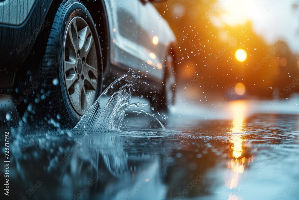 car on the street - Close up of car tires on wet road. water splashing ...
